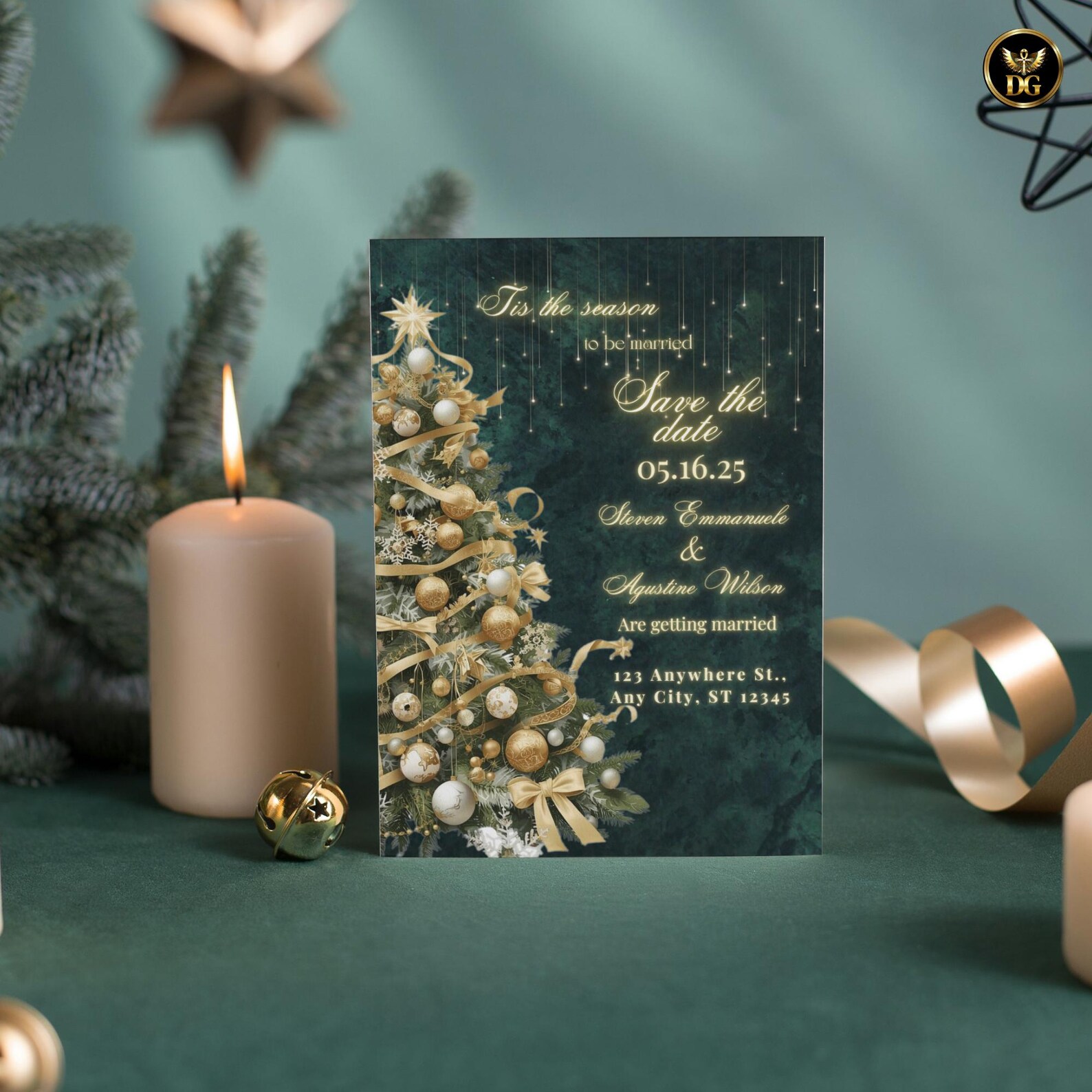 Emerald Velvet & Golden Christmas Tree Wedding Invitation Suite ...