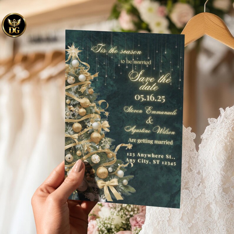 Emerald Velvet & Golden Christmas Tree Wedding Invitation Suite ...