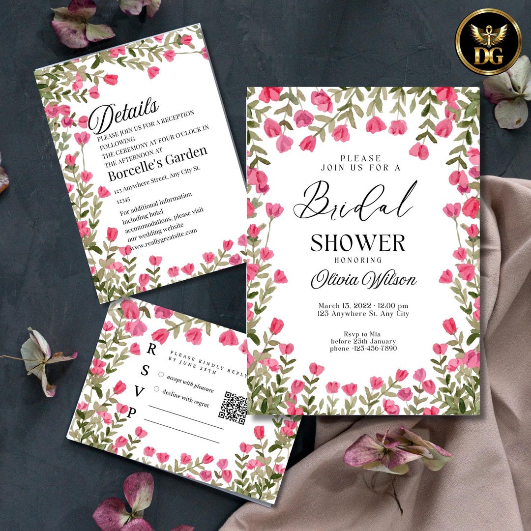 Red Floral Bridal Shower Invitation Suite, Editable Canva Template ...