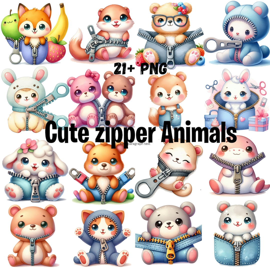 Cute Zipper Animals Clipart, Watercolor Baby Animals Graphics in PNG ...