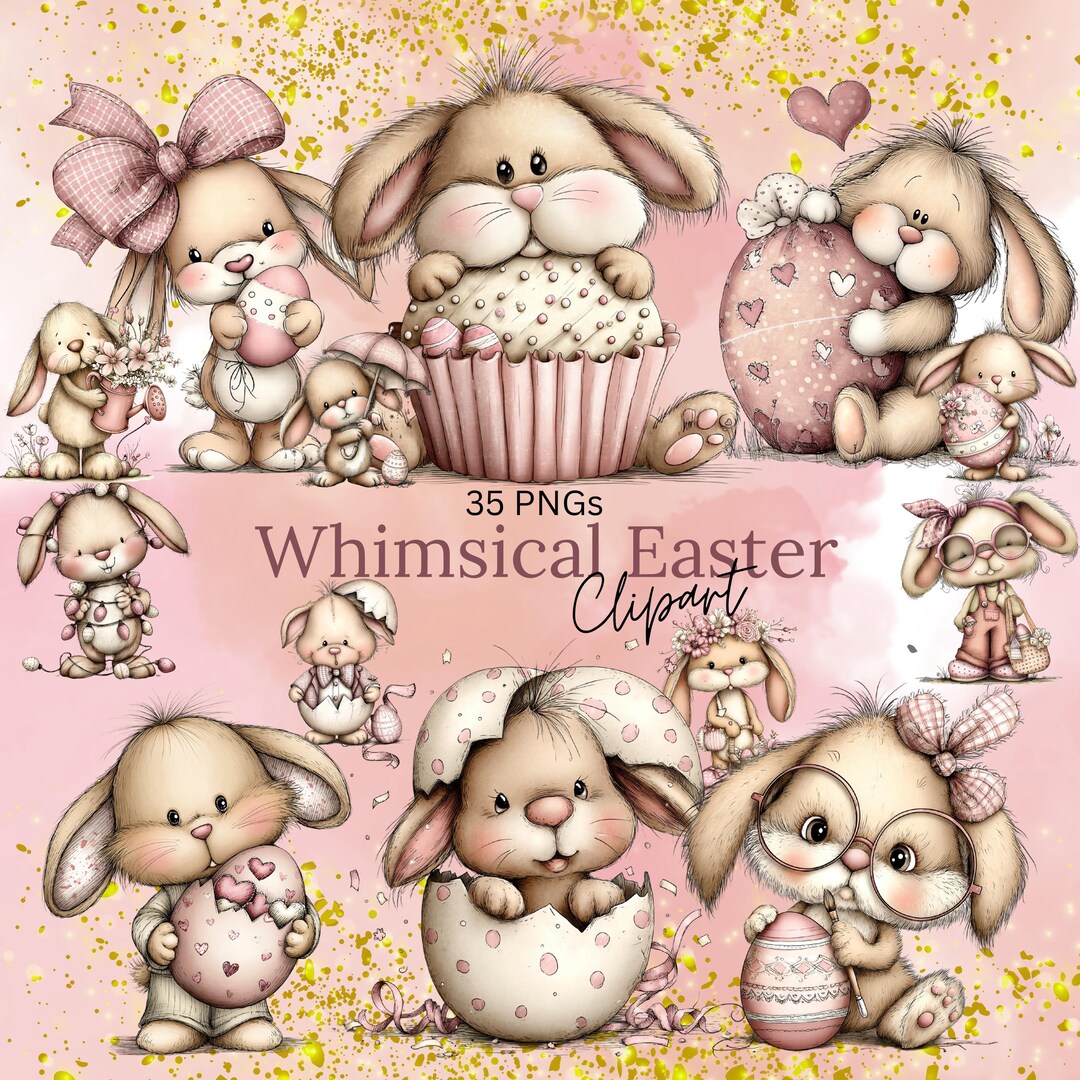 Whimsical Easter Bunnies Clipart Set, Cute Bunny PNG, Easter Bunny ...