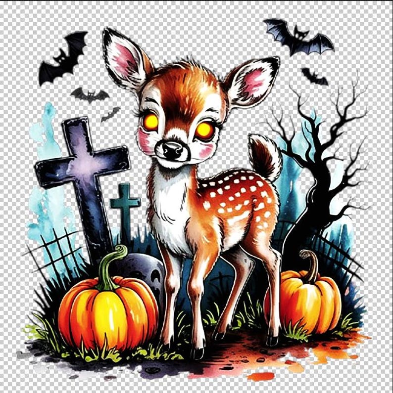 Halloween Deer Clipart | Cute Spooky Fawn PNG | Graveyard Pumpkin ...