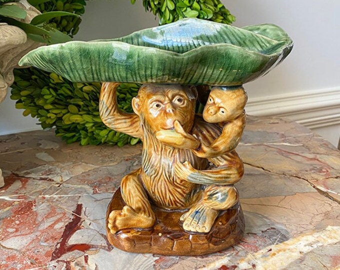 Vintage Majolica Monkey Bowl, Pottery, Mama and Baby Monkey, Banana ...