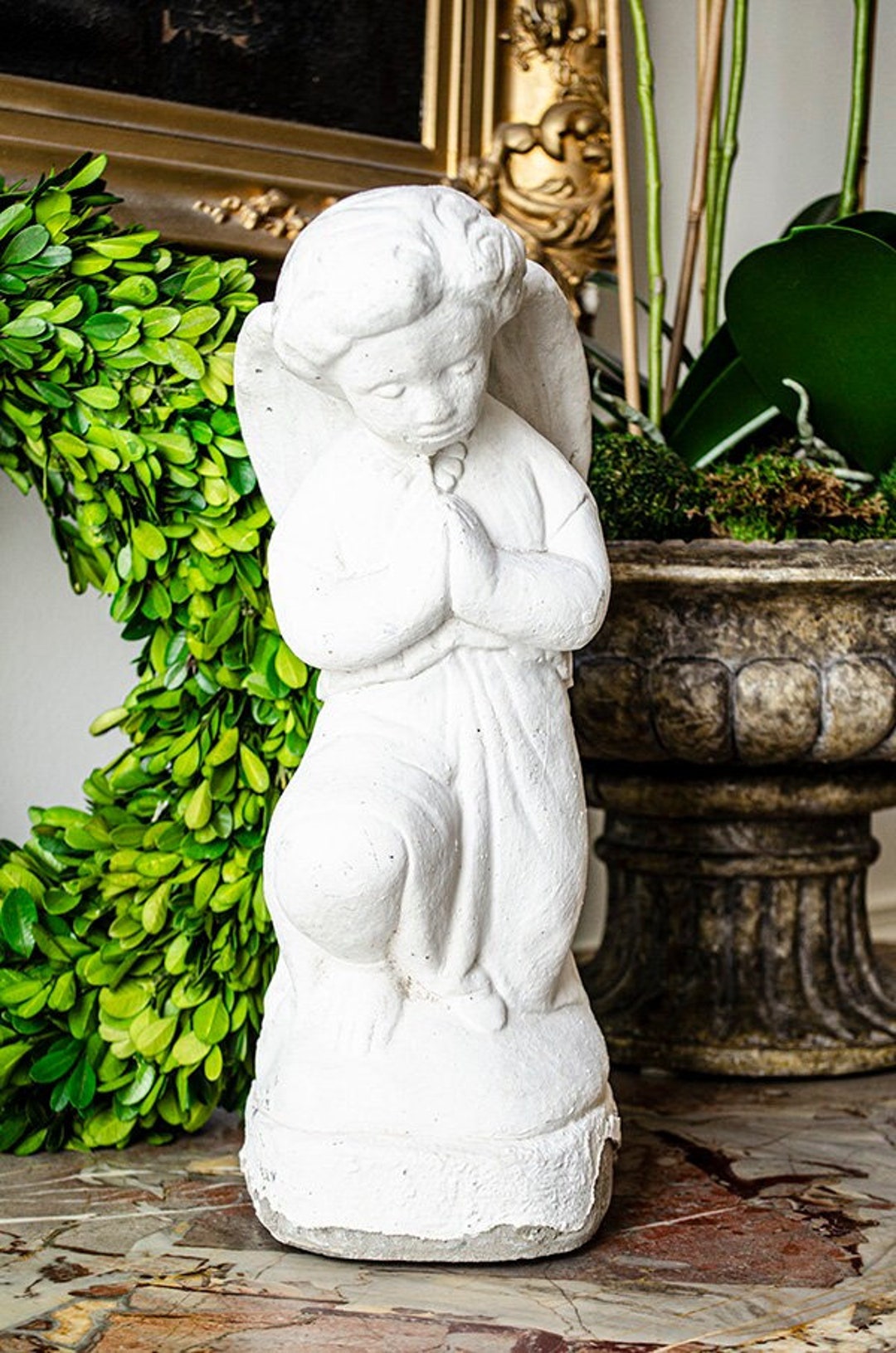 Vintage Angel Statue, Kneeling Angel, Weathered Cement, Garden Statue ...