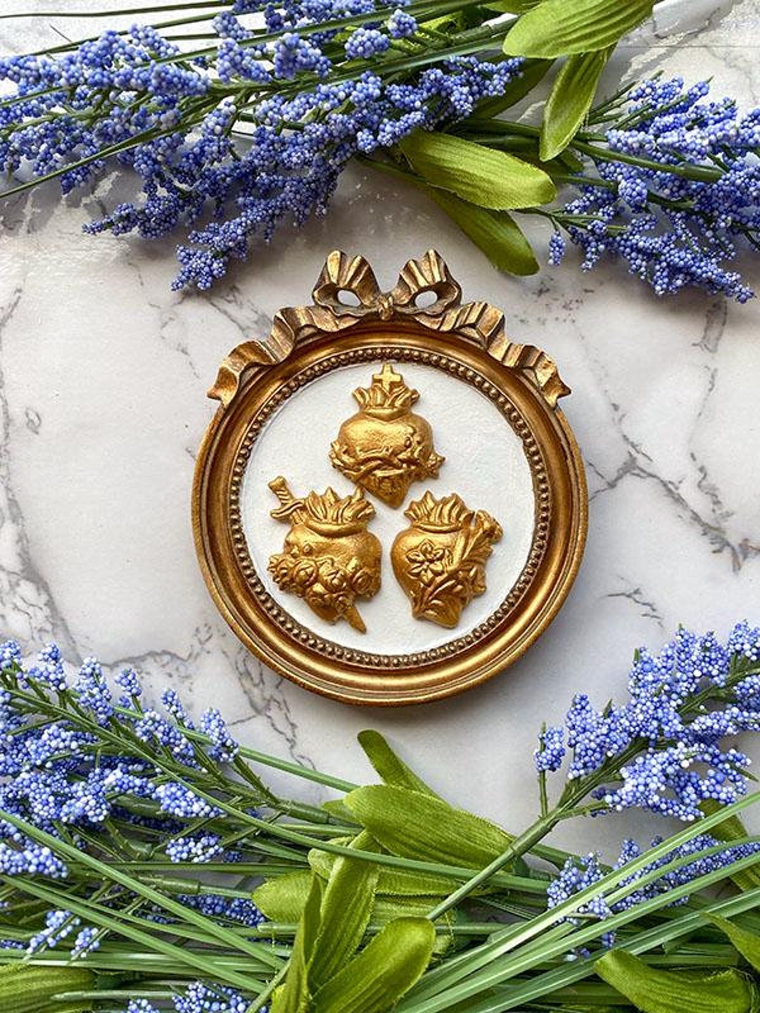 Framed Sacred Heart Intaglio Set: Gold Bow Frame, Religious Wall Decor ...