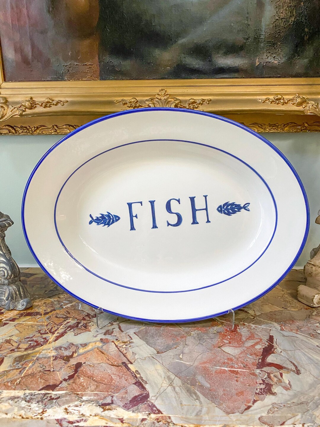 Lg Italian Fish Platter, Pottery, Hand Painted, Italy, Blue and White ...