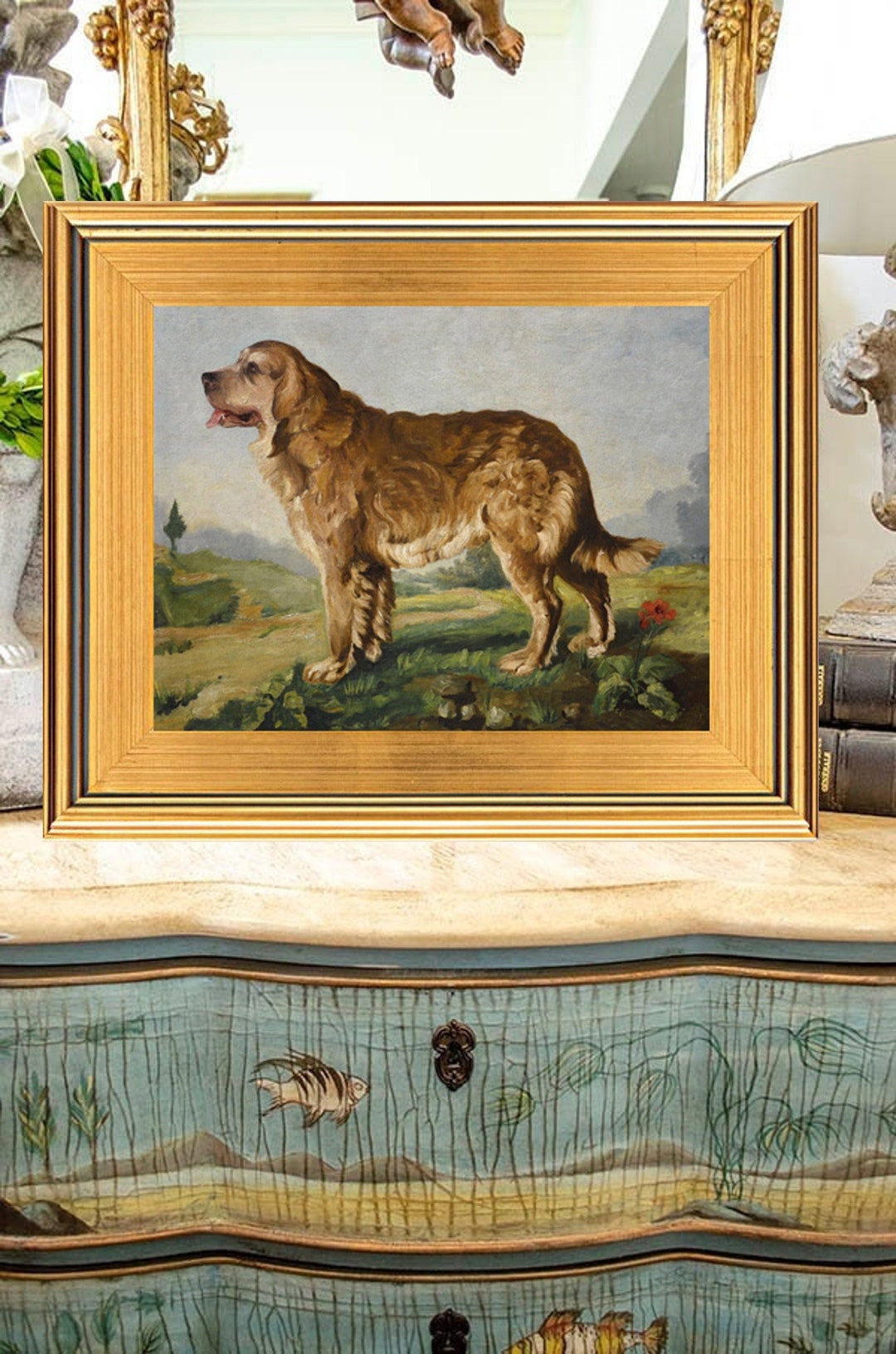 Dog Oil Painting Print on Canvas, Golden Retriever, 19th C. French ...