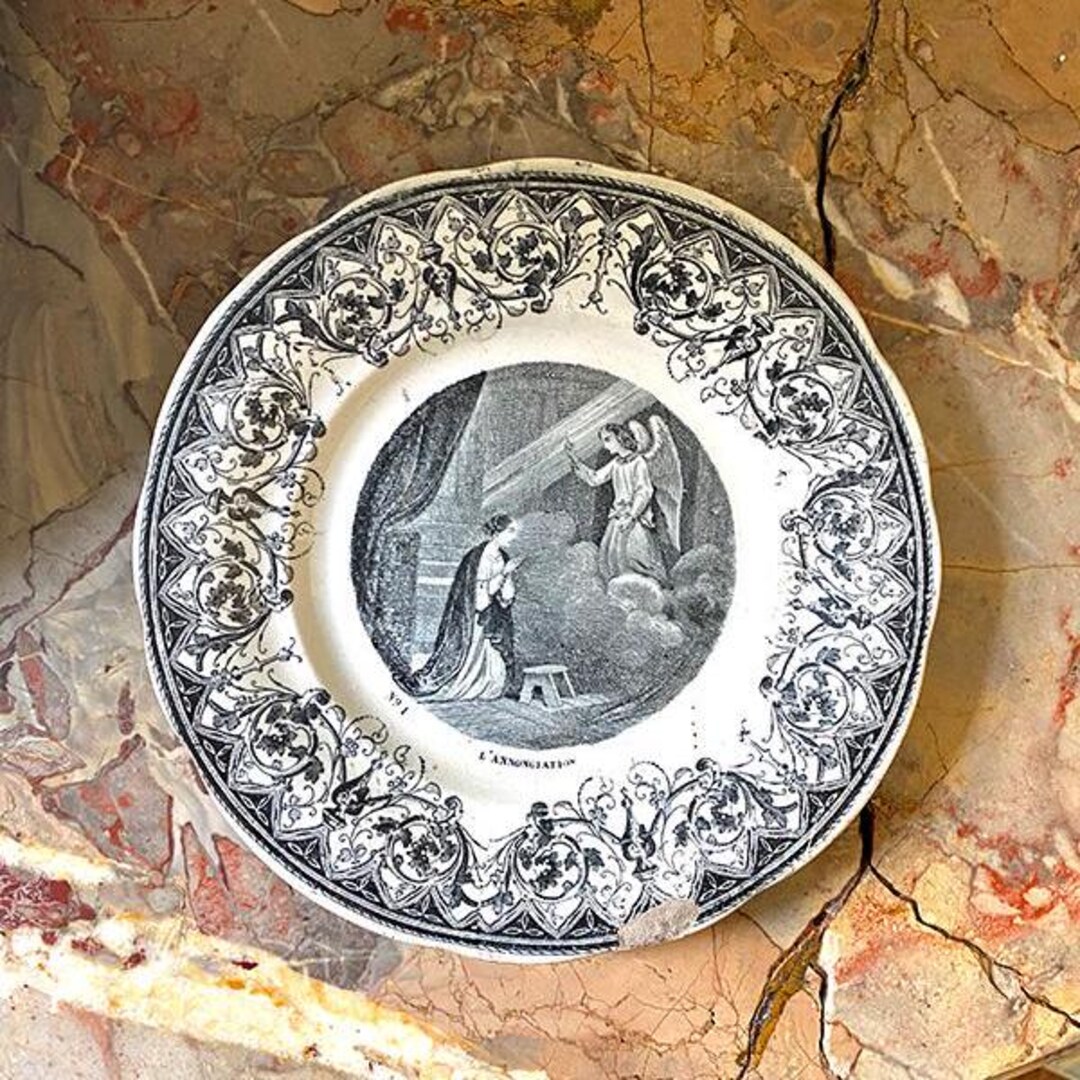 Antique French Religious Plate, the Annunciation, Ironstone, Black ...