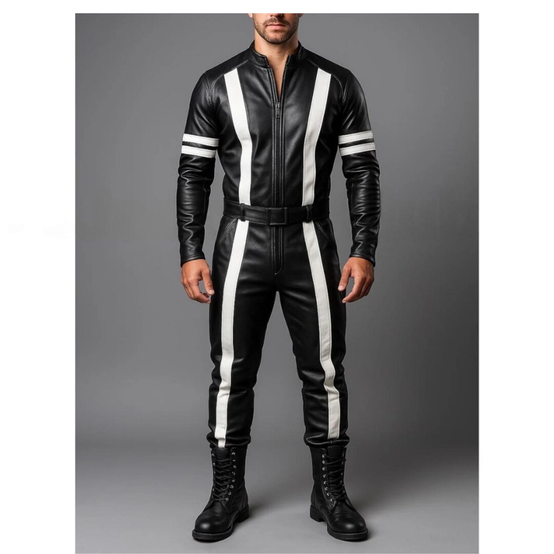 Handmade Sheep Leather Motorcycle Jumpsuit: Black & White Racing Suit ...
