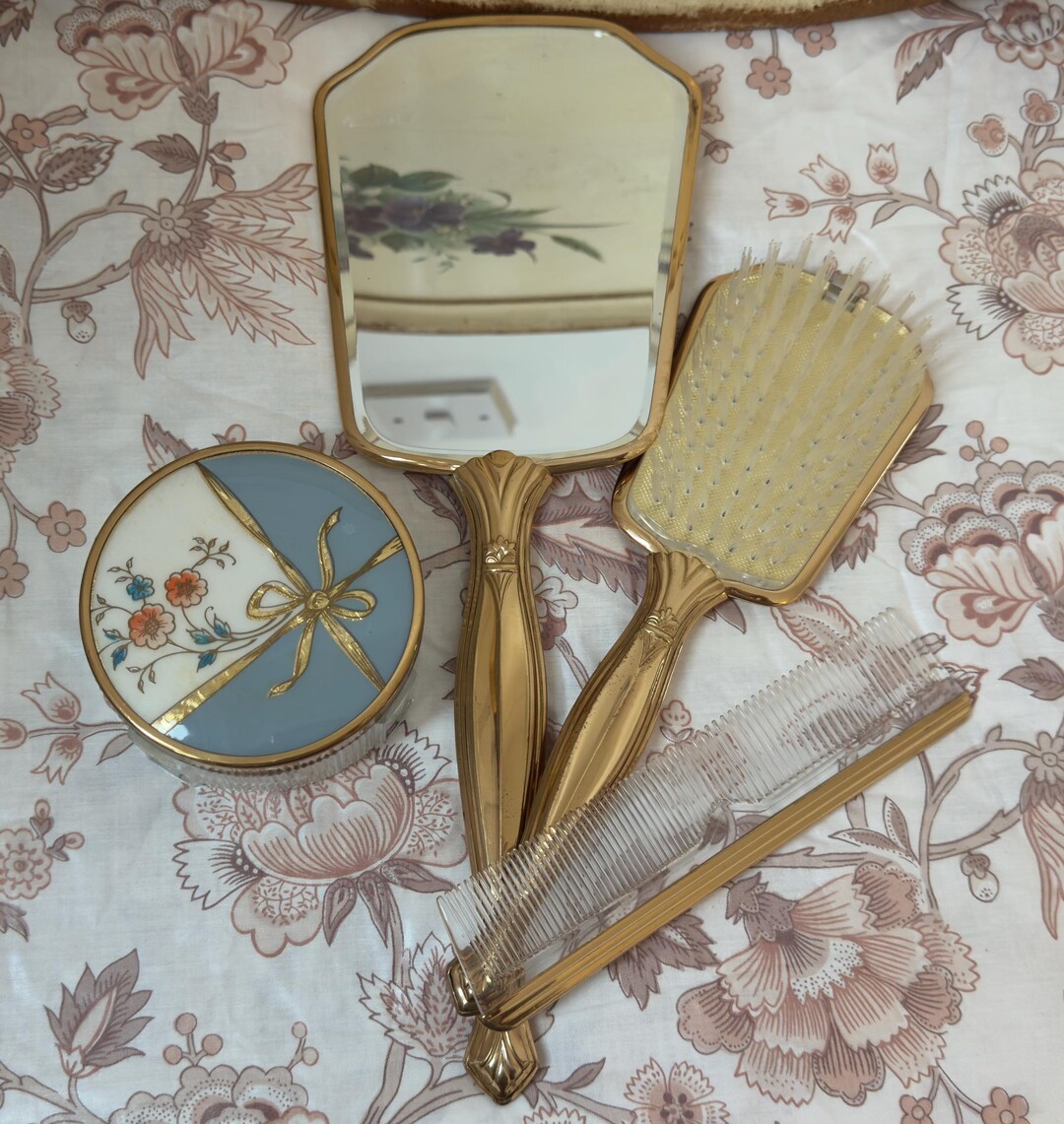 Vintage 4 Piece Vanity Set, C 1950s, Vgc, Blue, Gold and Floral, Retro ...