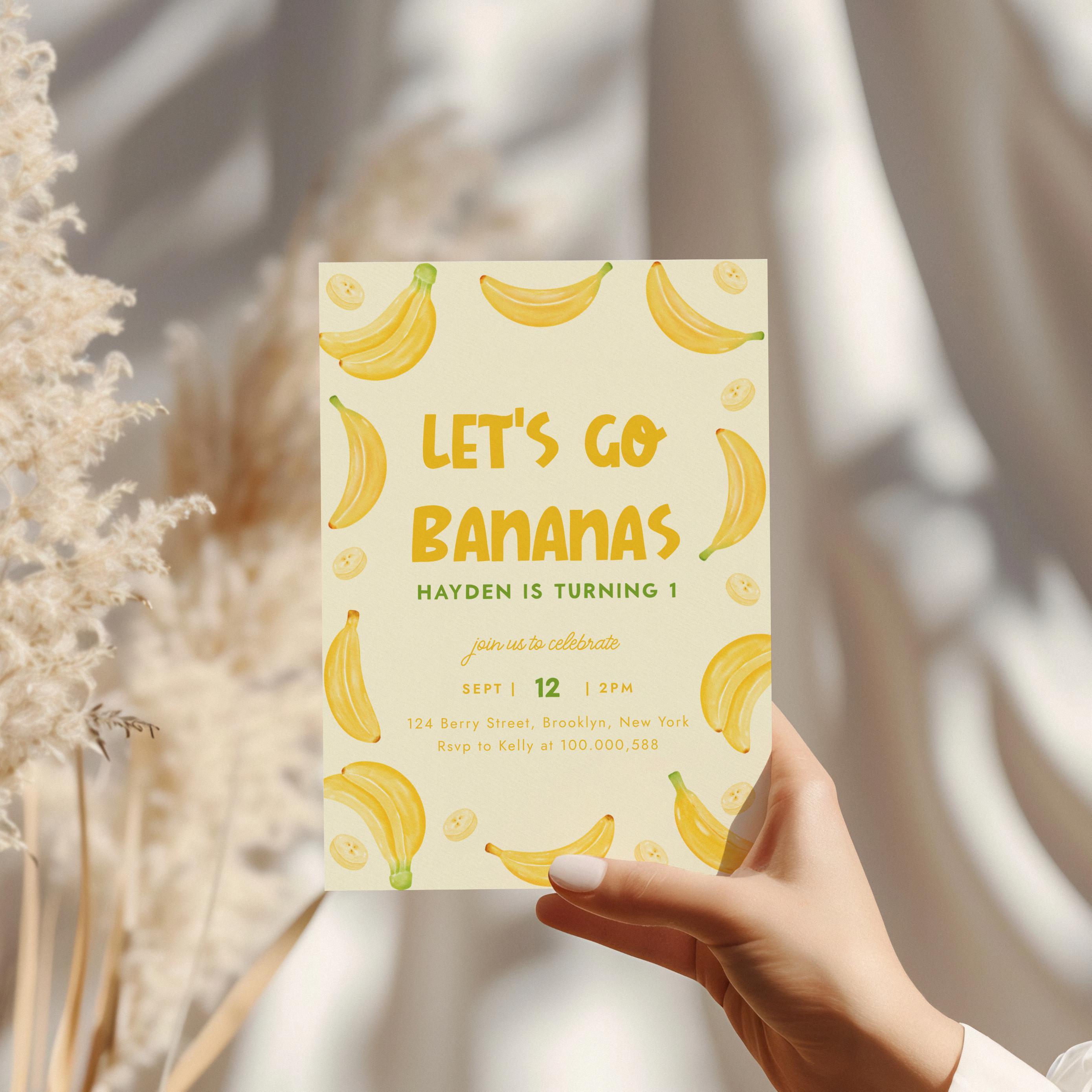 Let's Go Bananas Birthday Invitation Template, Banana, First Birthday ...