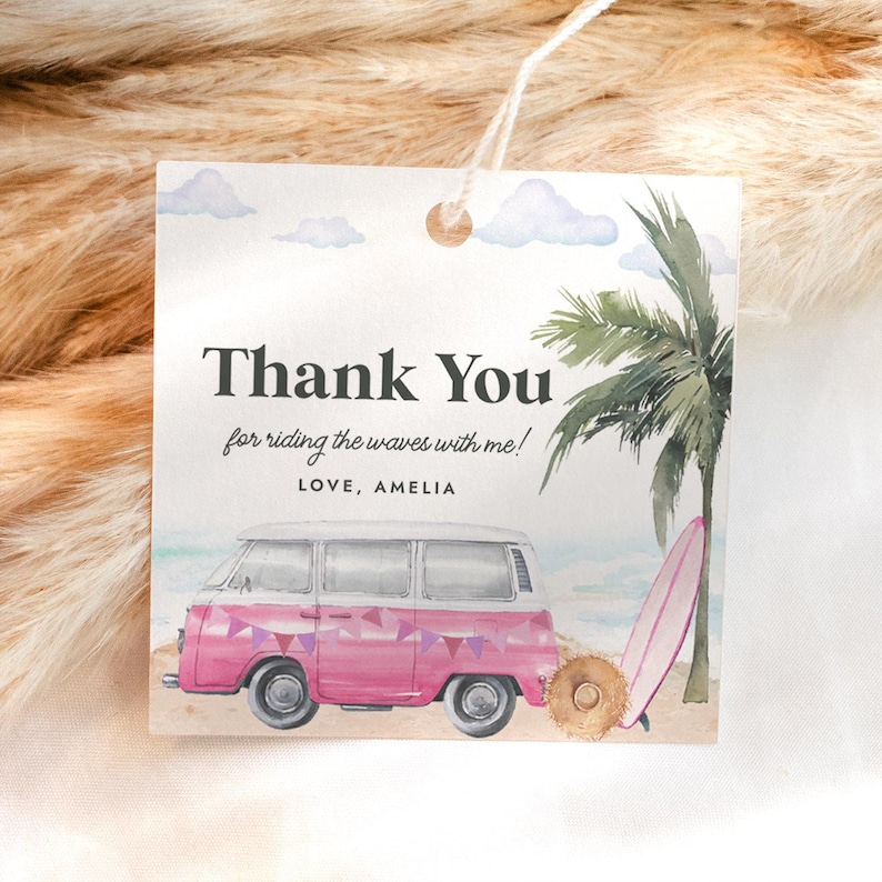 Editable Retro Surf Van Favor Tag Template, Beach Theme, Birthday Thank ...
