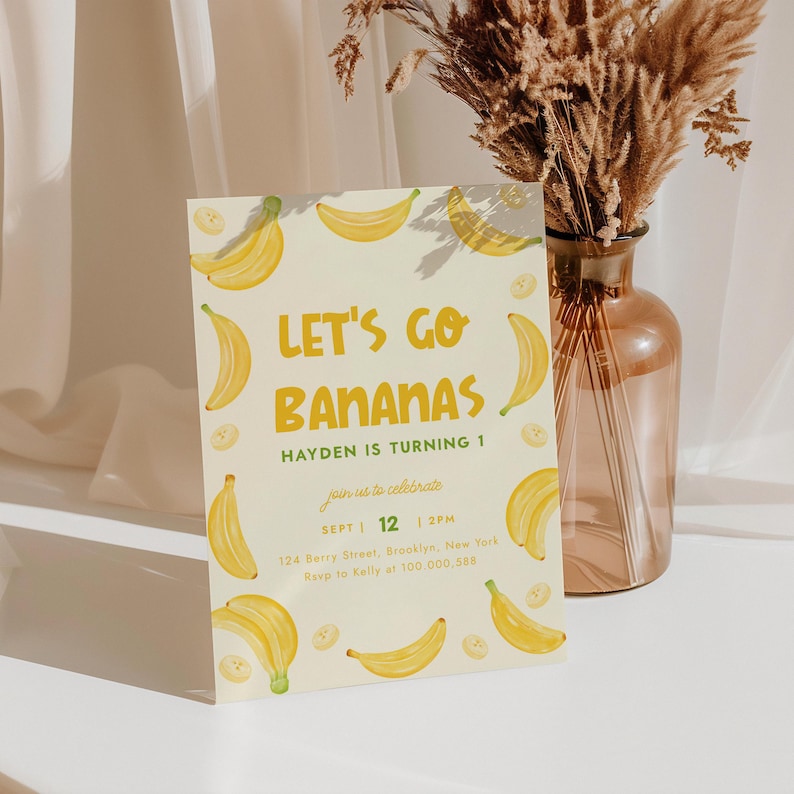Let's Go Bananas Birthday Invitation Template, Banana, First Birthday ...
