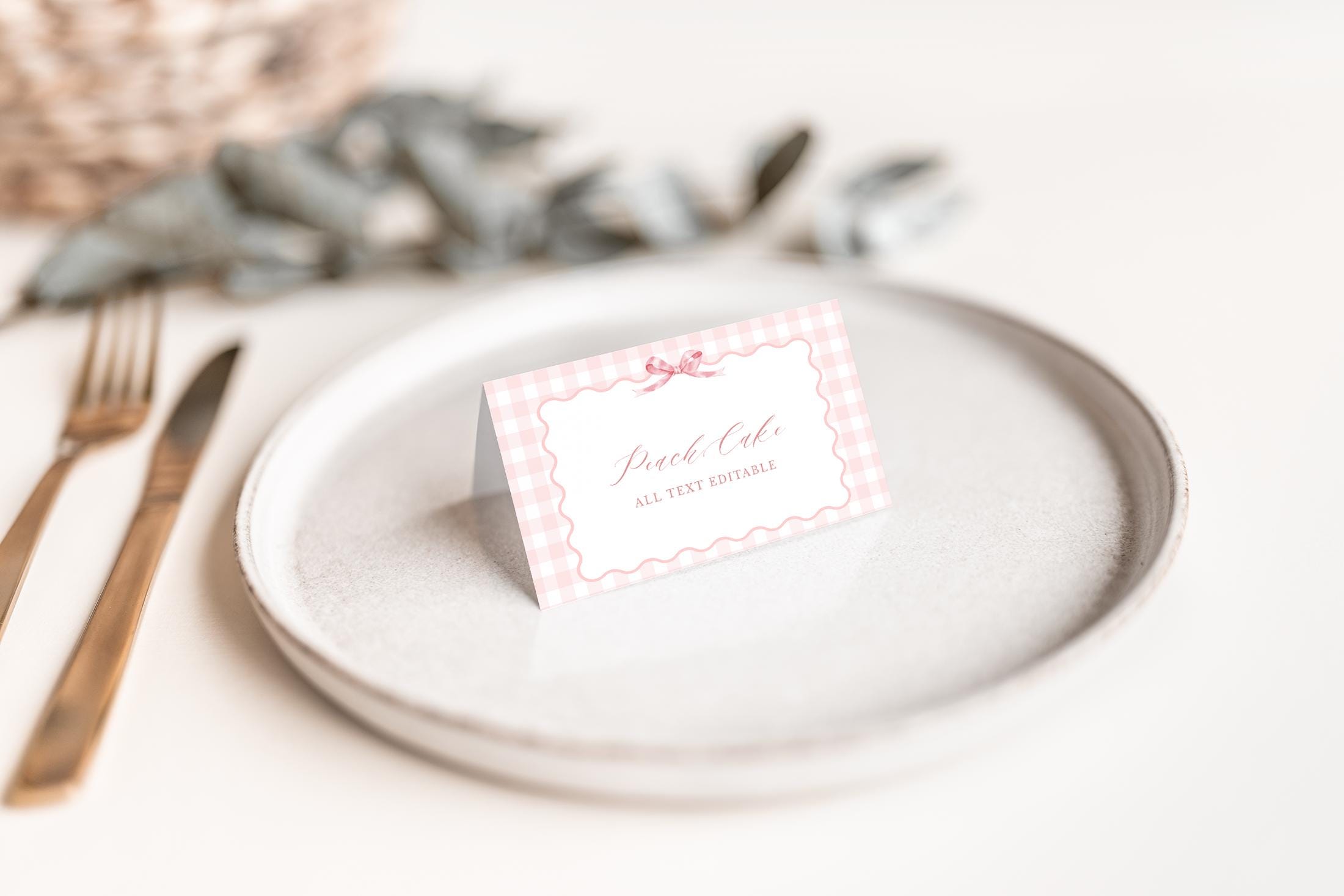 Editable Ribbon Bow Gingham Plaid Tent Card, Place Card, Food Tent ...