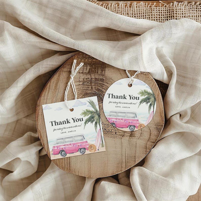 Editable Retro Surf Van Favor Tag Template, Beach Theme, Birthday Thank ...