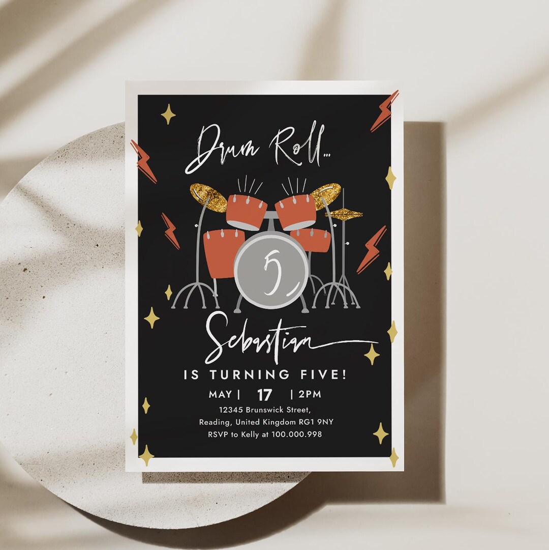 Drum Roll Drummer Birthday Invitation Template, Rock Band Party Invite ...