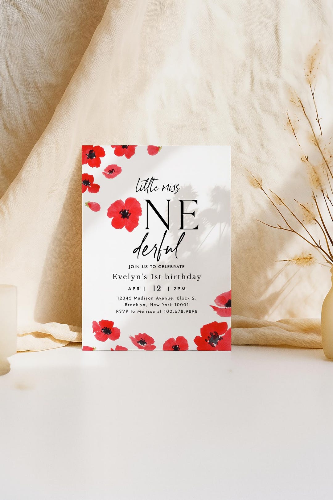 Little Miss Onederful Poppy Birthday Invitation, Red Poppy 1st Birthday ...