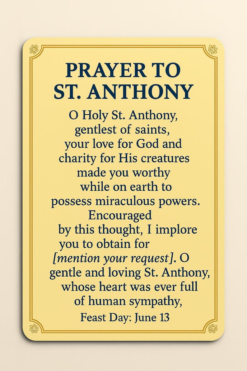 Saint Anthony Prayer Card | Catholic Printable | Christian Digital ...
