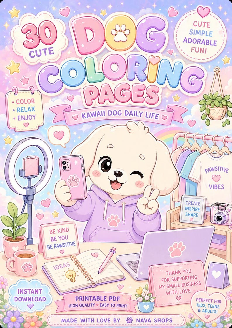 30 Cute Dog Coloring Pages Printable PDF, Kawaii Puppy Coloring Book ...