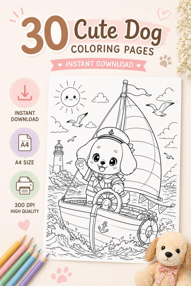 30 Cute Dog Coloring Pages Printable PDF, Kawaii Puppy Coloring Book ...