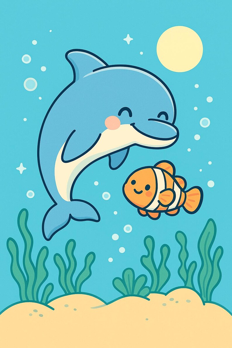 Kawaii Dolphin and Clownfish Print: Pastel Ocean Illustration (digital ...