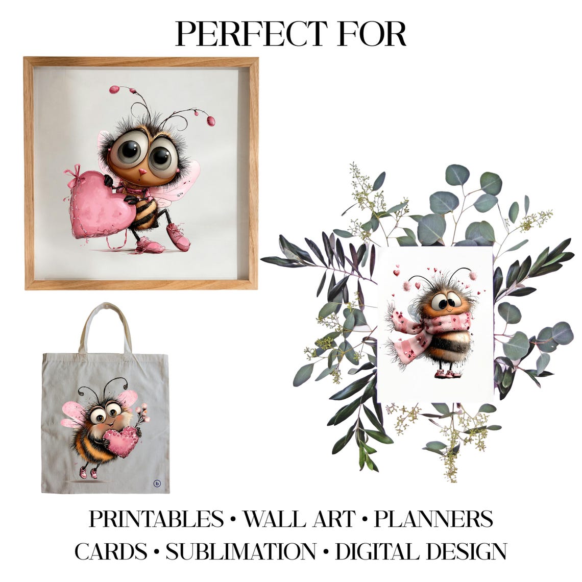 24 Whimsical Valentine Bee Watercolor Clipart | Cute Love Bee PNG Set ...