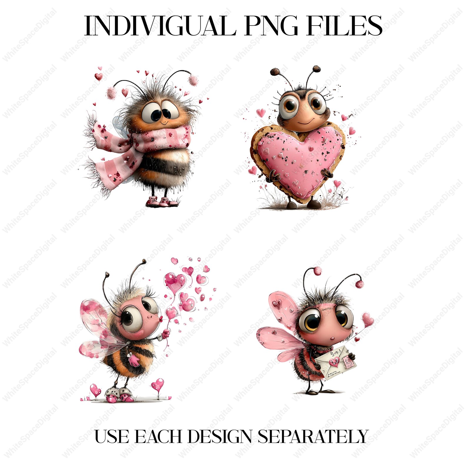 24 Whimsical Valentine Bee Watercolor Clipart | Cute Love Bee PNG Set ...