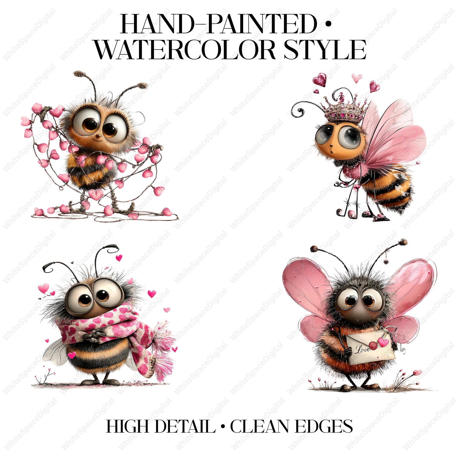 24 Whimsical Valentine Bee Watercolor Clipart | Cute Love Bee PNG Set ...