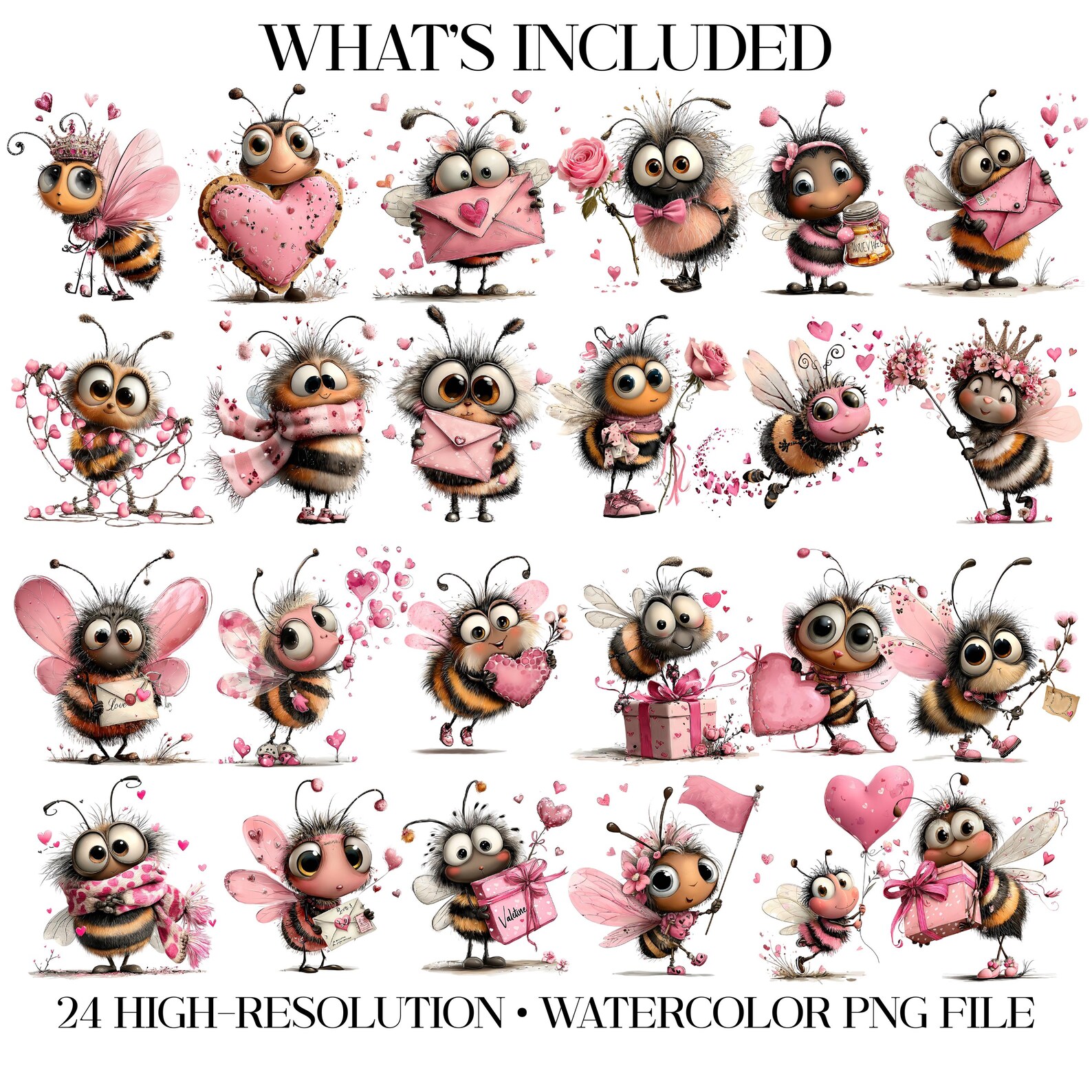 24 Whimsical Valentine Bee Watercolor Clipart | Cute Love Bee PNG Set ...