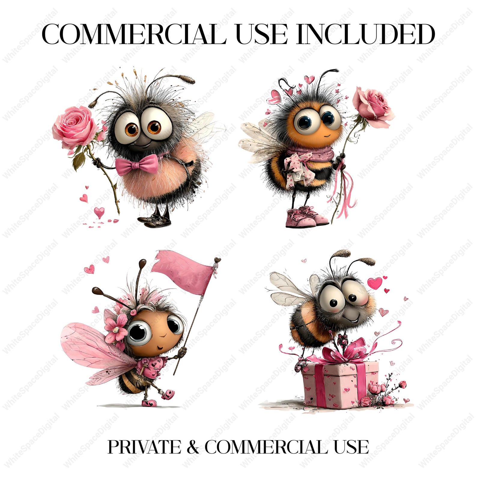 24 Whimsical Valentine Bee Watercolor Clipart | Cute Love Bee PNG Set ...