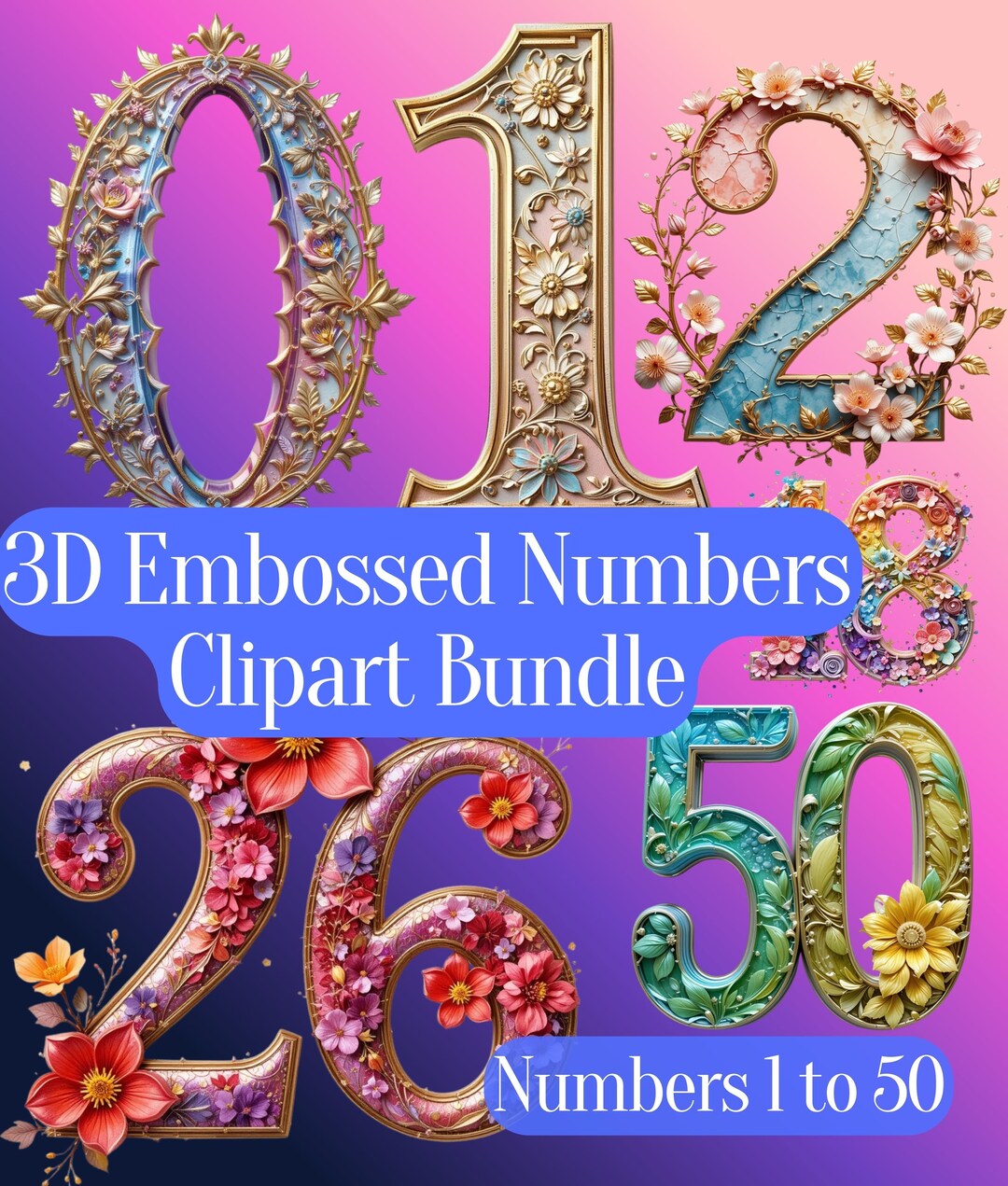 3D Embossed Number Clipart Bundle: Floral & Animal PNG Graphics ...