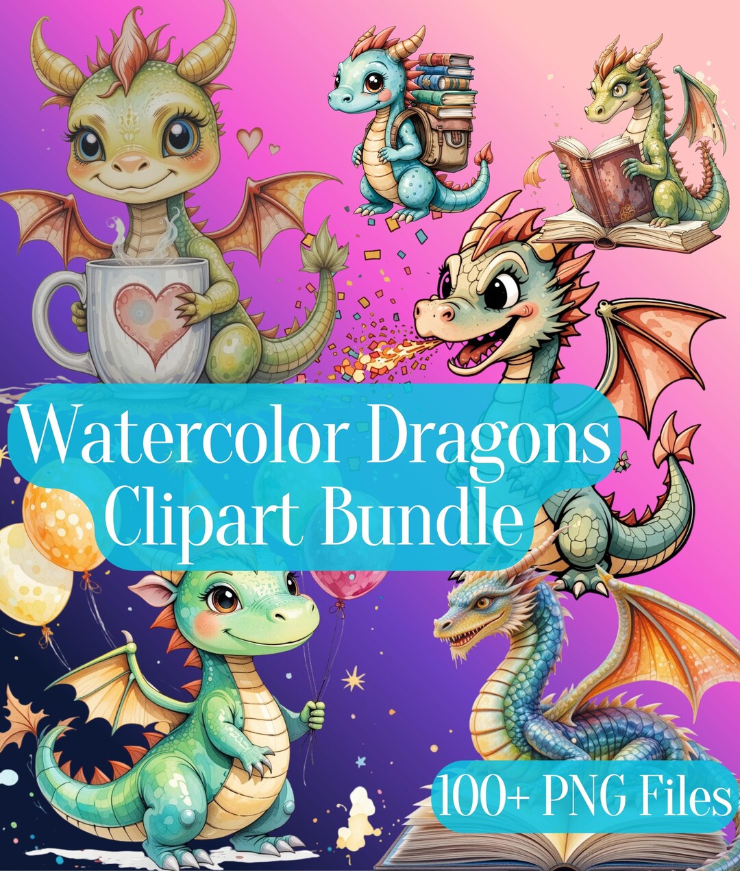 Whimsical Watercolor Dragon Clipart PNG Set, Fantasy Creature ...