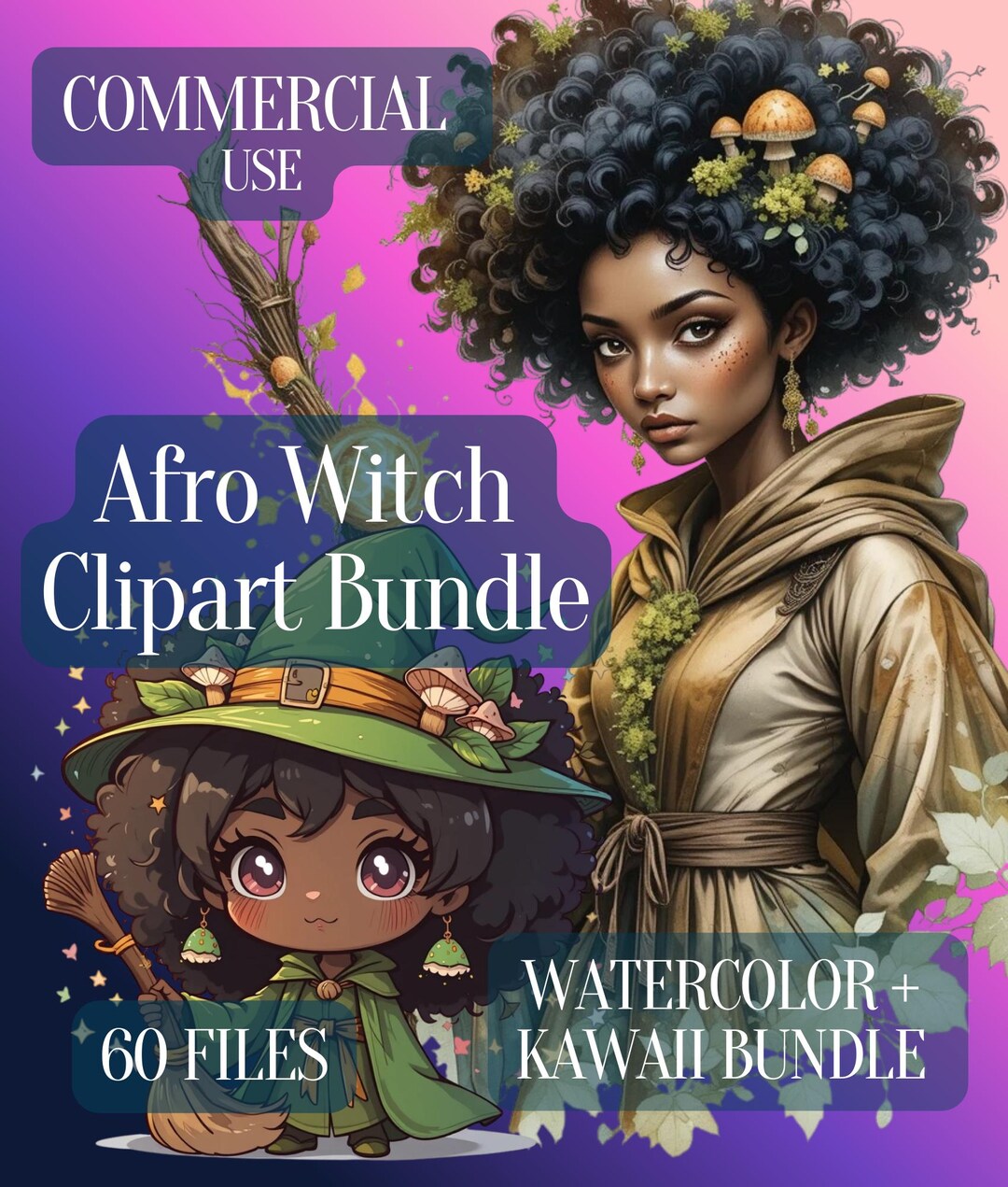 Afro Witch Clipart Bundle: Watercolor & Kawaii Pngs (digital Download ...