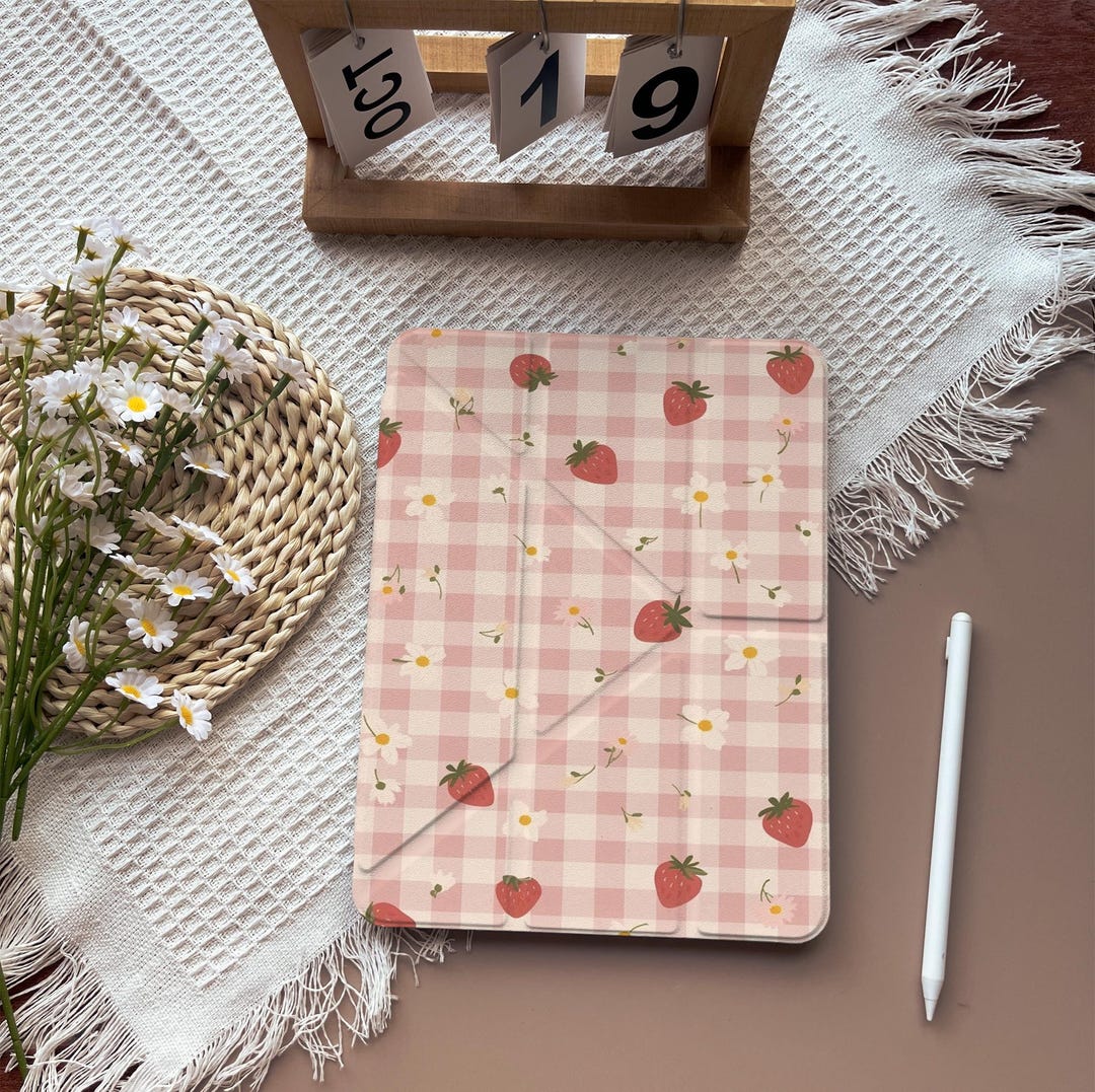 Pink Checked Strawberry Y Fold iPad Case With Pencil Holder for 2025 ...