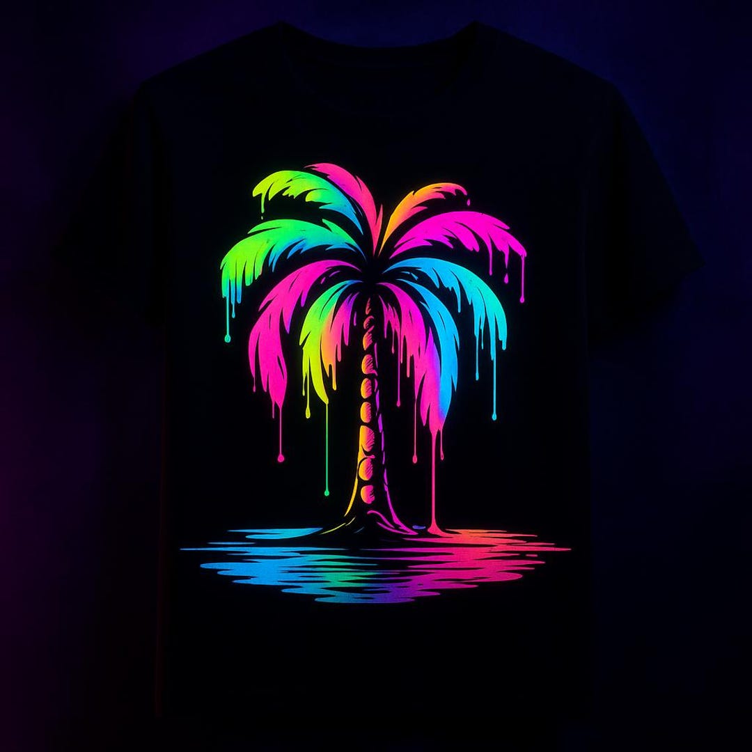 Tropical Palm Tree Fluorescent T-shirt - Neon Dripping Print, Glow in ...