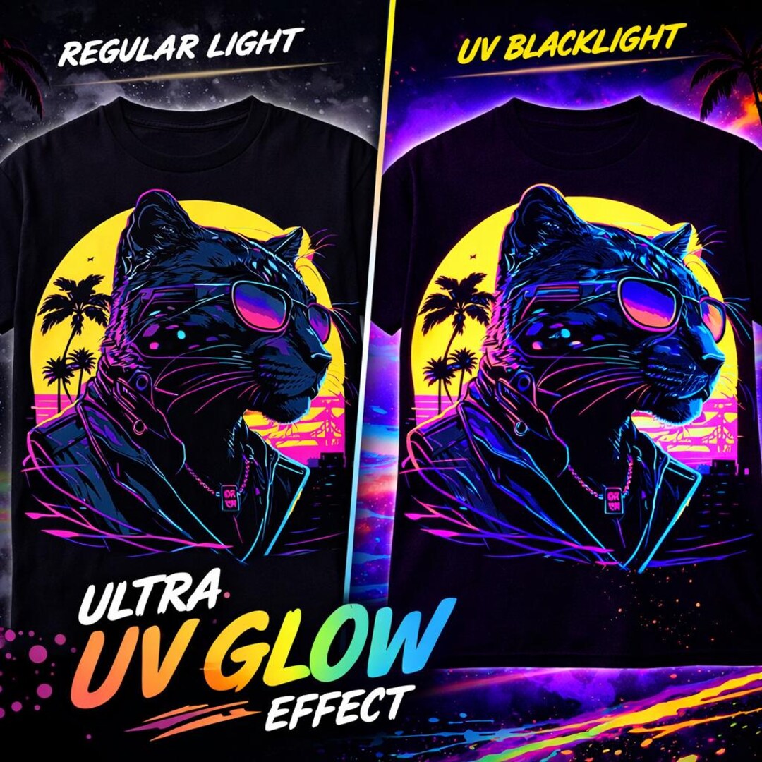 UV Reactive Panther Rave T-shirt, Neon Sunset Festival Tee, Blacklight ...