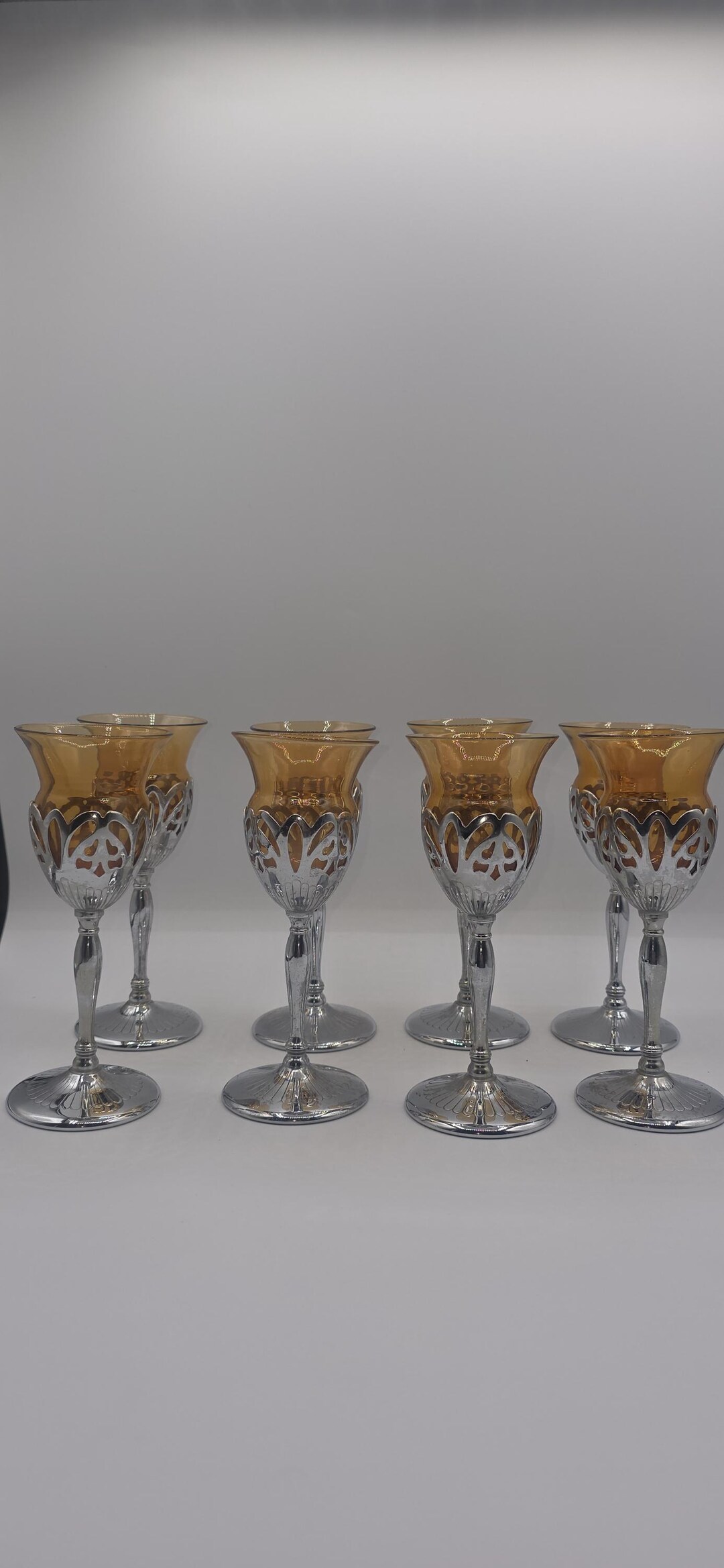 8 FARBER BROS Amber Glass Sherry's, Chrome Stems - Etsy