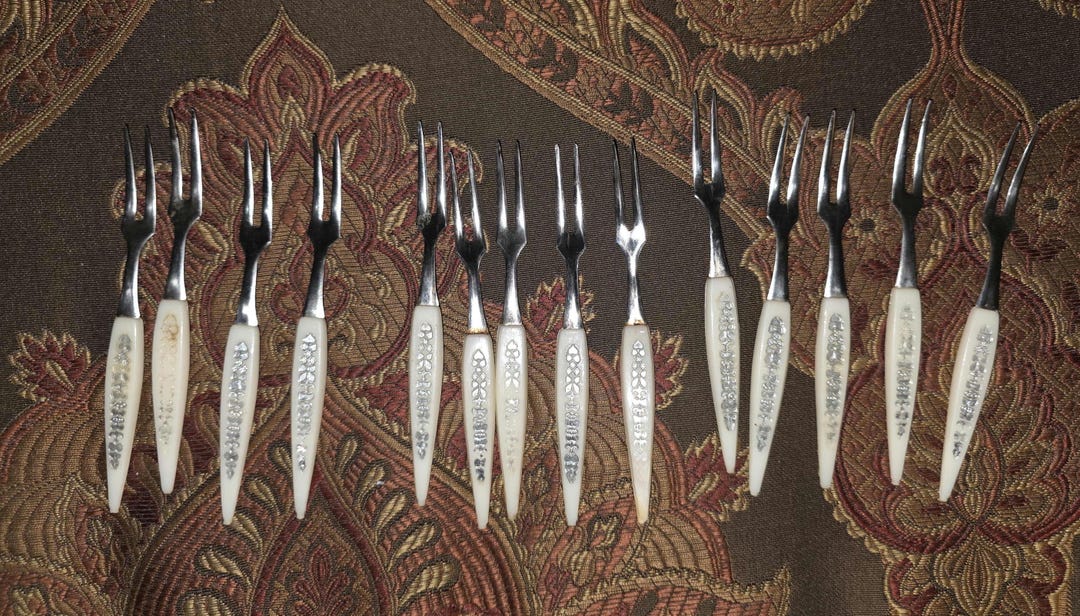 Vtg 14pc. Set Mini Cocktail Forks & Knives Stainless Steel Ivory Cream ...