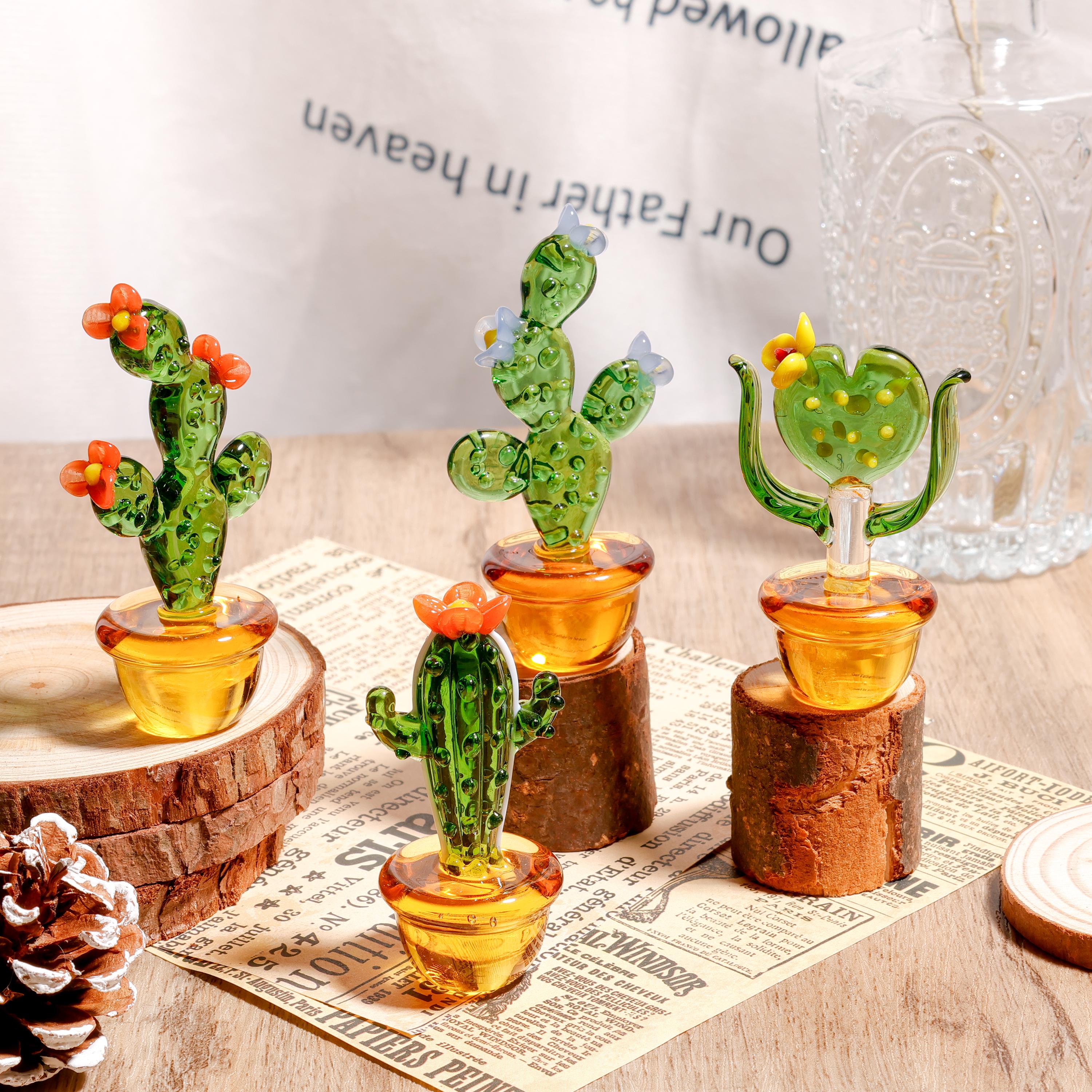 Glass Cactus Figurine, Hand Blown Plant, Handmade Glass Potted Plants ...