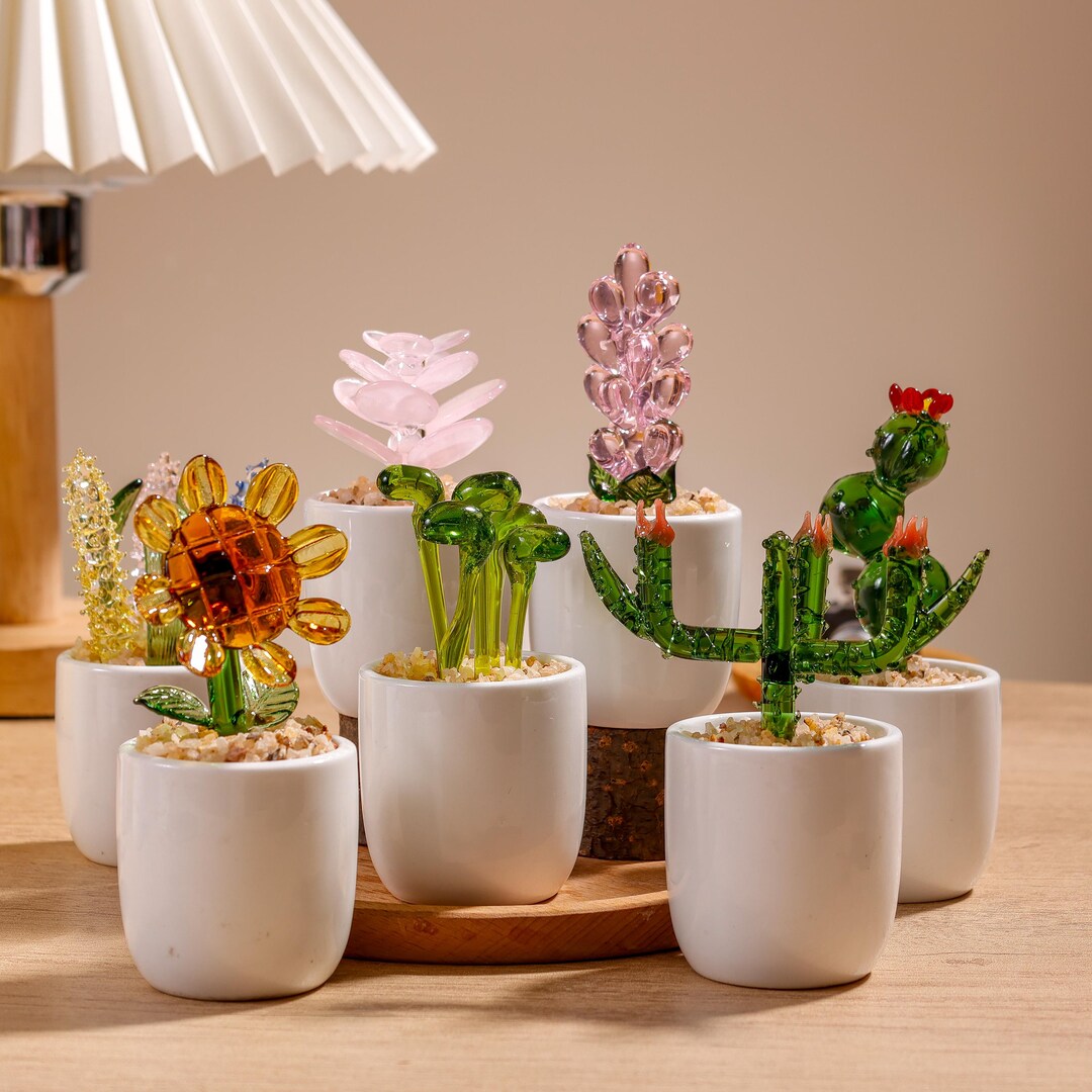 Glass Cactus Figurine, Hand Blown Plant, Handmade Glass Potted Plants ...