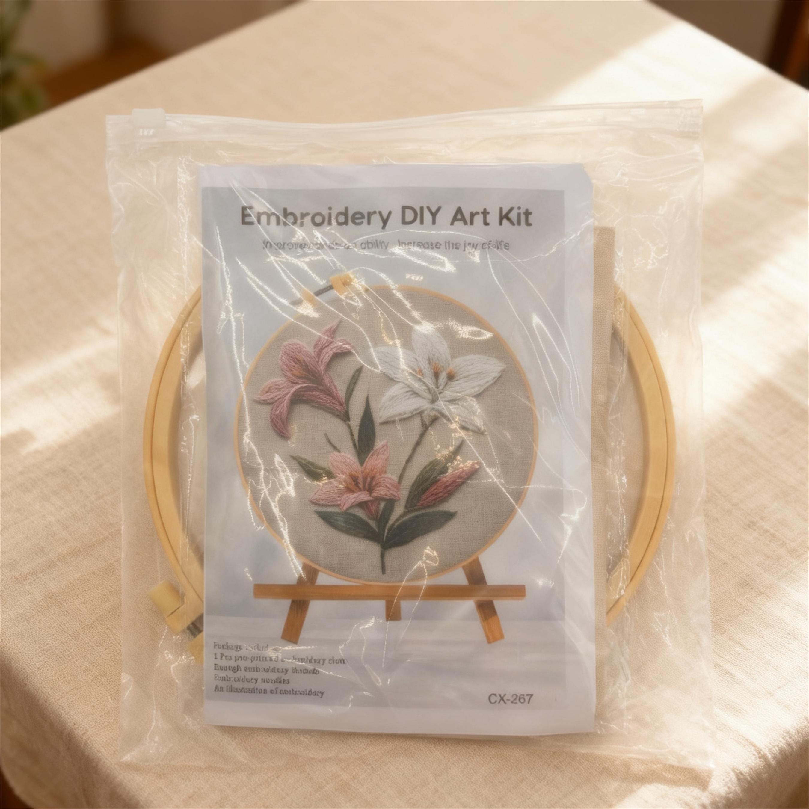 Lily Hand Embroidery Full Kit for Beginners - Floral Needlepoint Set ...