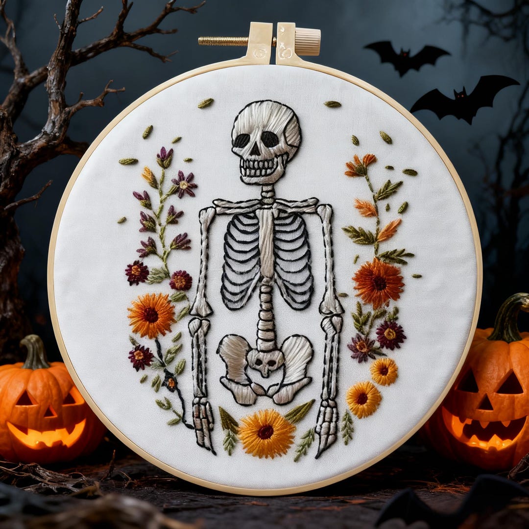 Halloween Skeleton With Floral Embroidery Hoop Art, Spooky Autumn Decor ...