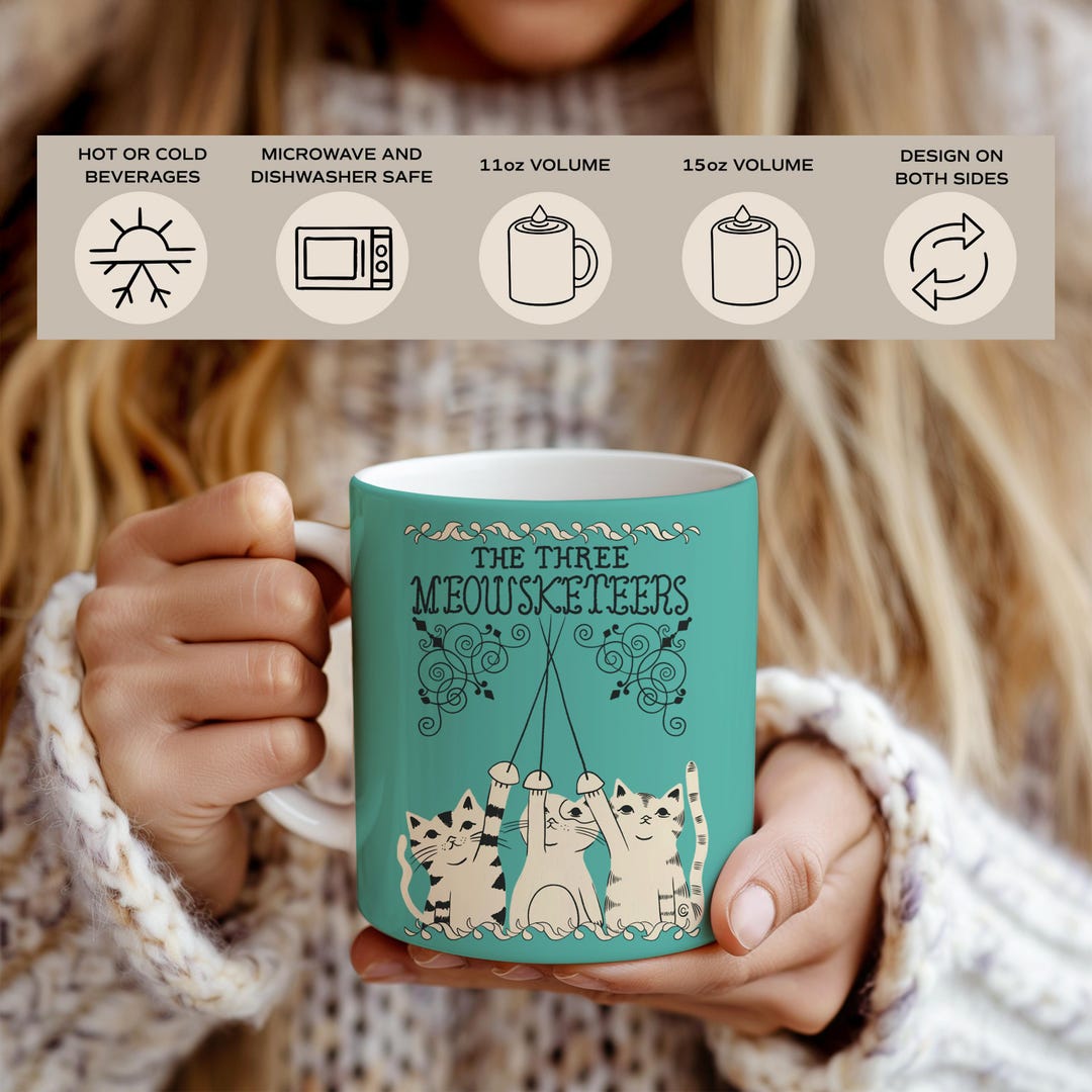 The Three Meowsketeers Mug | Bookish Cat Pun, Classic Literature Pun ...