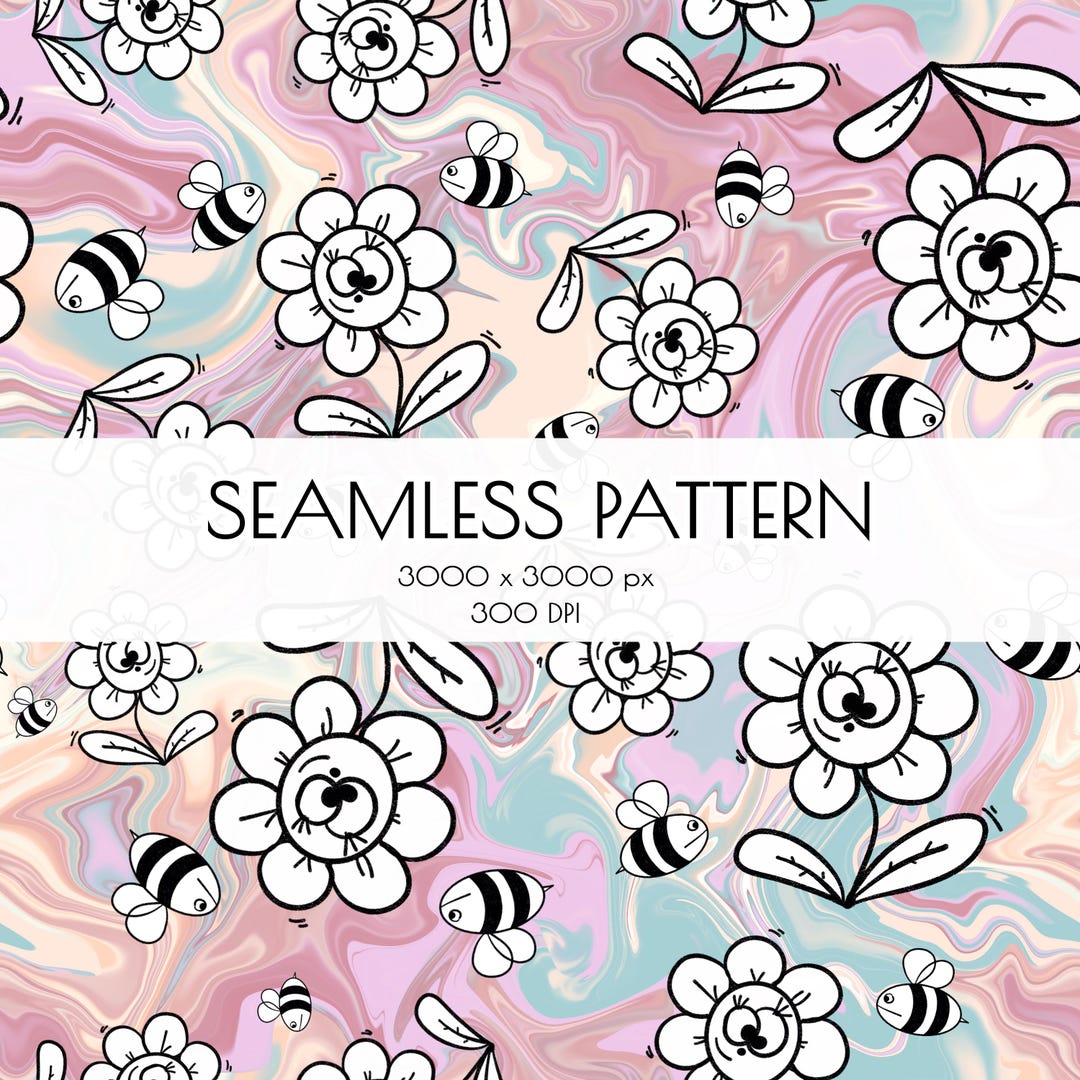 Whimsical Floral Bee Pattern | Hand Drawn Flowers & Cute Bees | Pastel ...