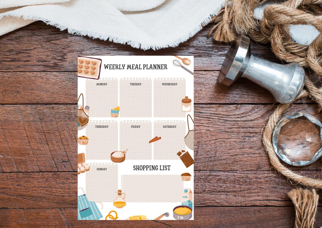 Beige Food Illustrated Weekly Meal Planner & Shopping List,digital ...