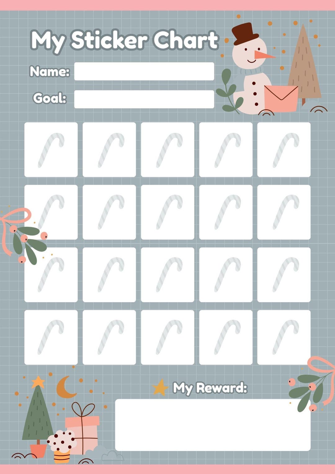 Christmas Reward Chart Printable ,gray & Pink Cartoon Sticker Chart for ...