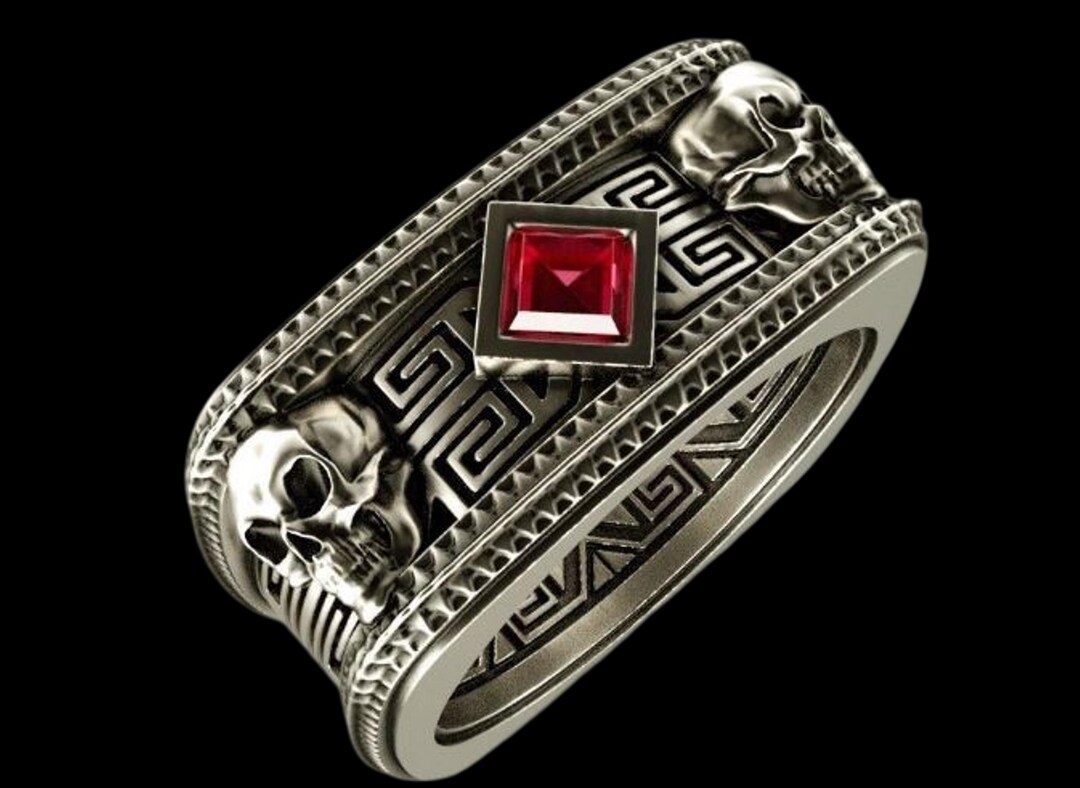 Skull Ring for Men, Red Square Stone Sterling Silver Gothic Biker ...