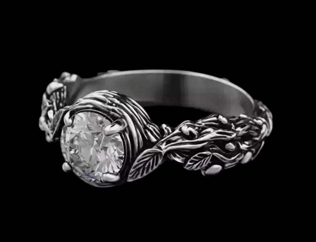 Vintage Leaf Vine Engagement Ring With Round Clear Stone Antique Style ...