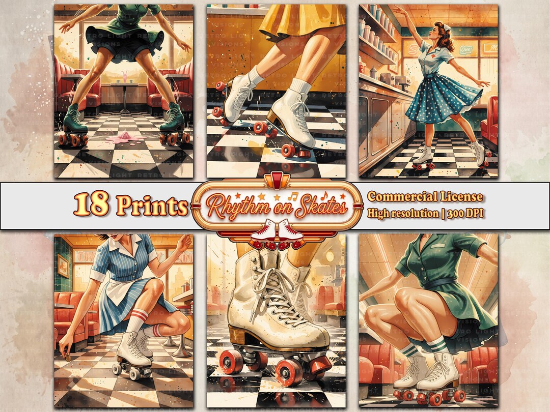 Rhythm on Skates Clipart: 18 Roller Skating Waitress Graphics, 1950s ...