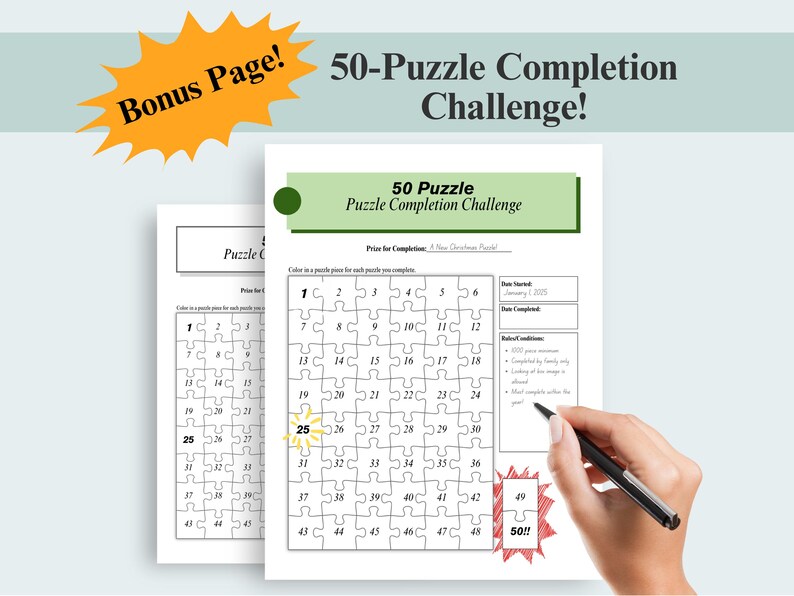 Printable Puzzle Tracker PDF, 50-puzzle Completion Challenge, Jigsaw ...